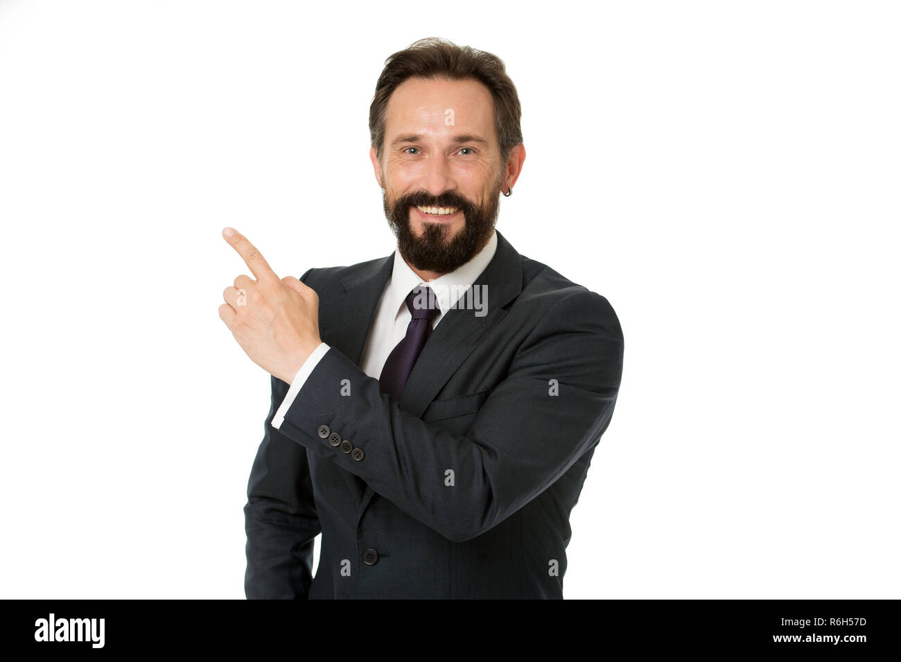 Businessman or manager shows direction. Look at that advertisement ...