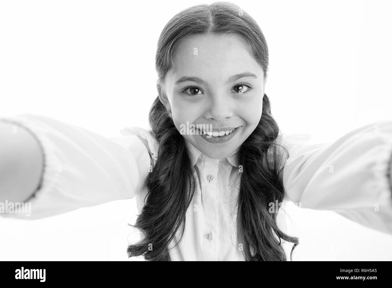 Selfie time. Child school uniform smart kid happy face. Girl cute long ...