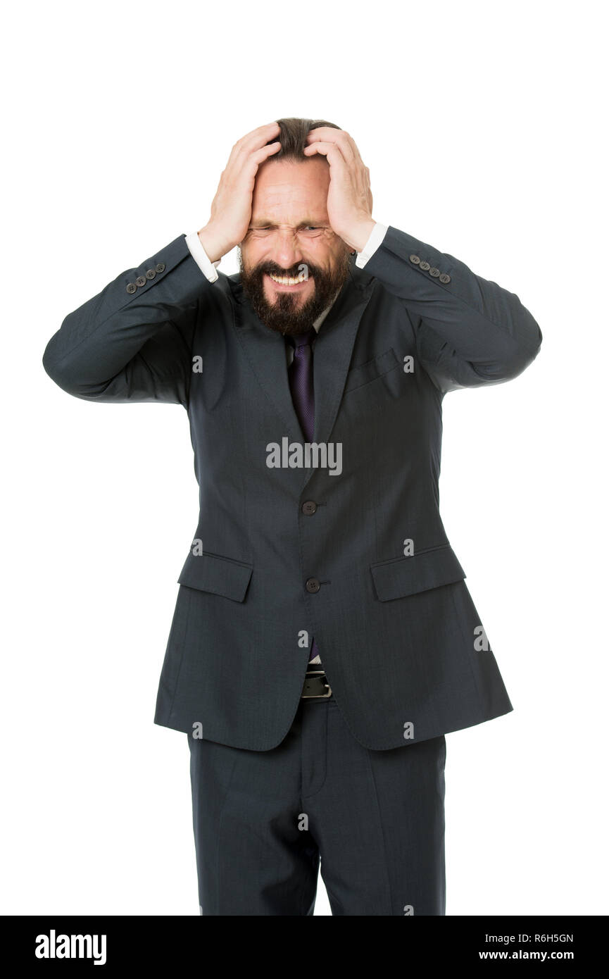 Business man suffer headache hold hand head while stand white ...