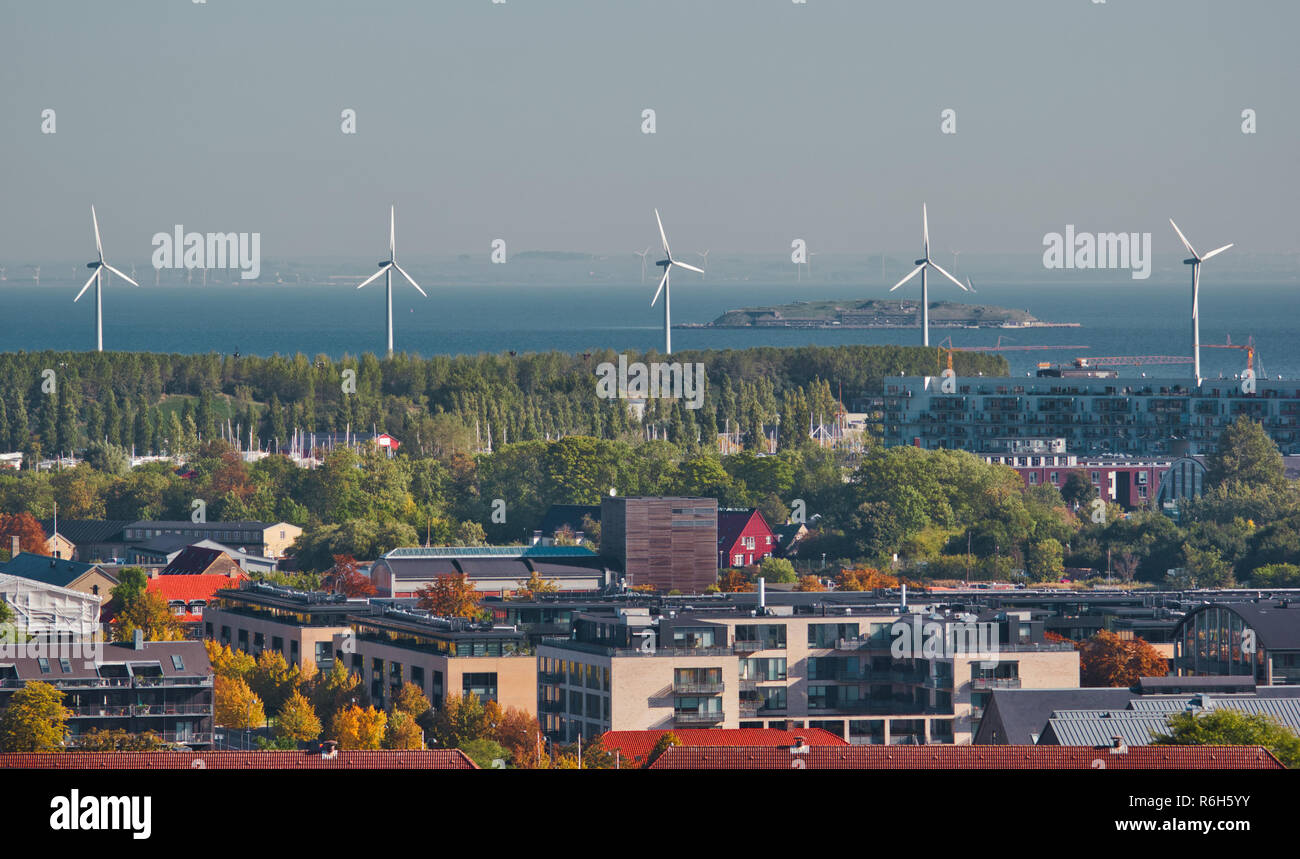 Wind turbines wind farm on the coast near Copenhagen, Denmark ...