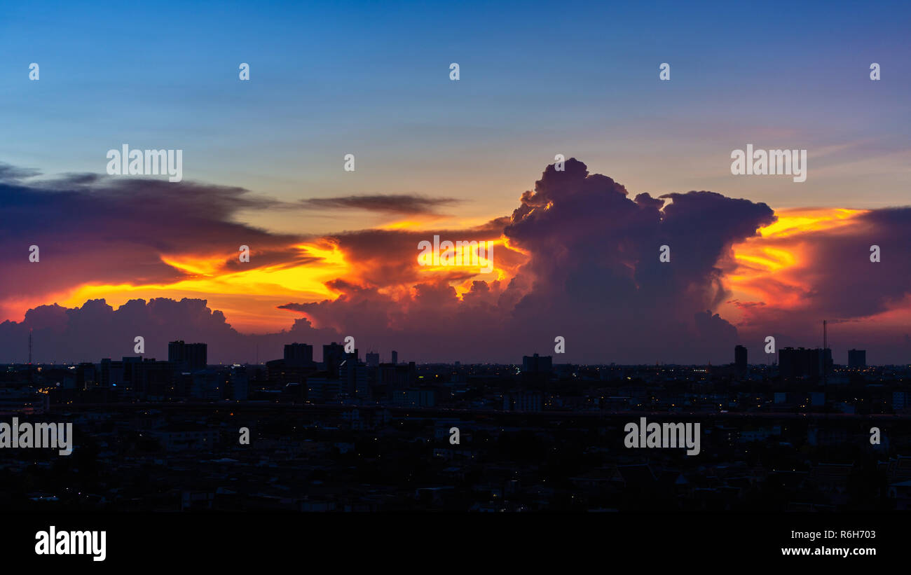 Aerial view of dramatic sky of sunset with saturated color of sunlight ...
