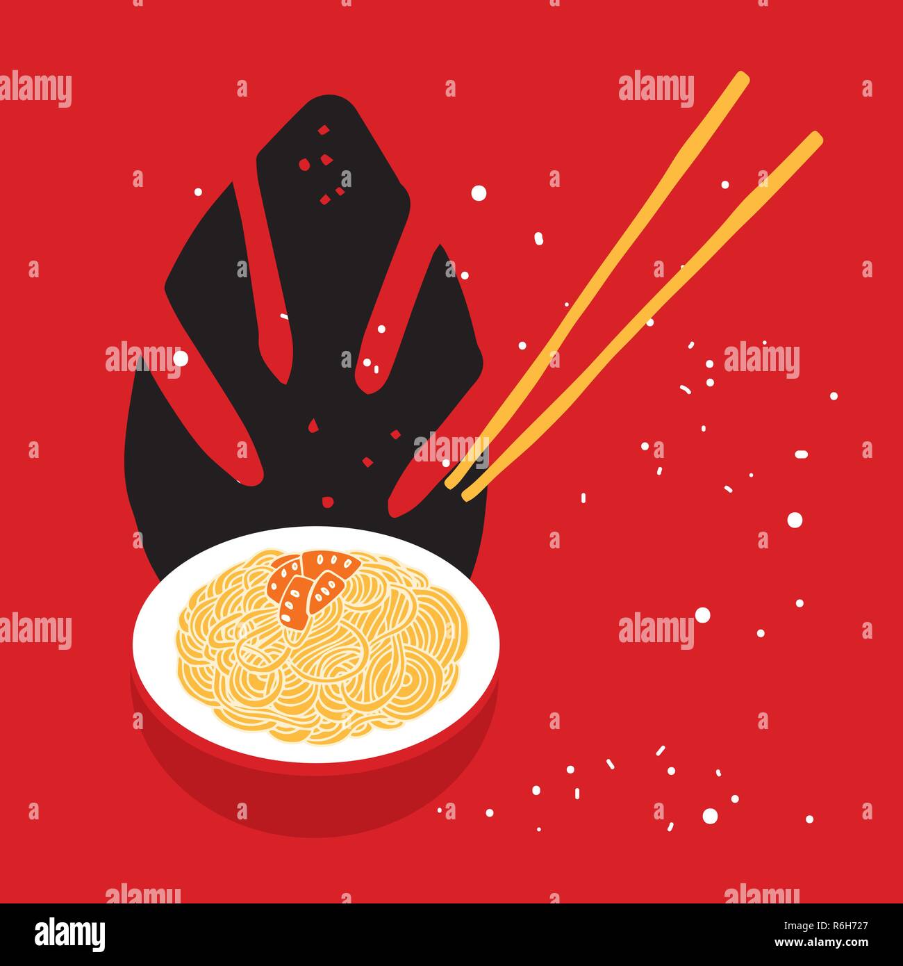 Hand drawn noodles bowl with chopsticks Colorful banner Asian cuisine ...