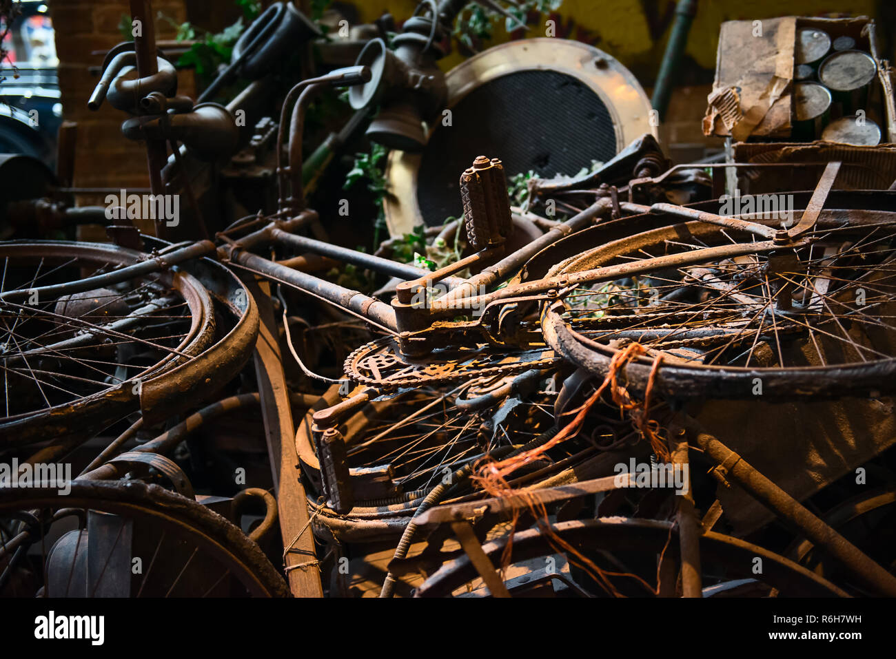 Old rusty bikes, bicycles, retro car details and other vintage items ...