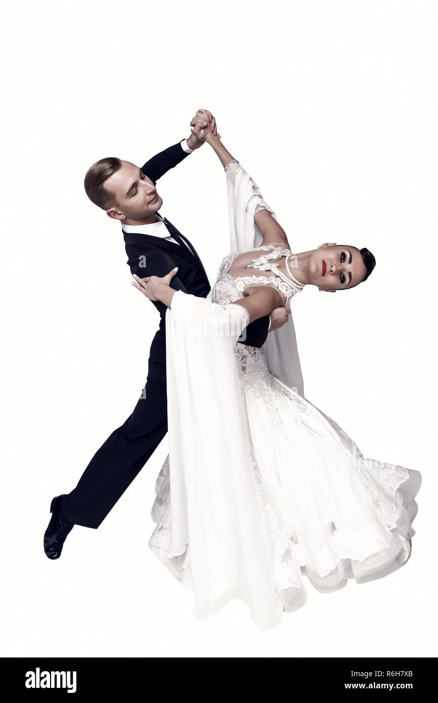 beautiful ballroom dance couple in a dance pose isolated on white ...