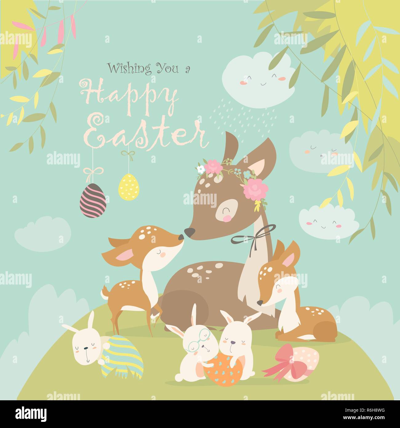 Cartoon Deer family with cute bunnies. Happy animals for Easter Stock ...