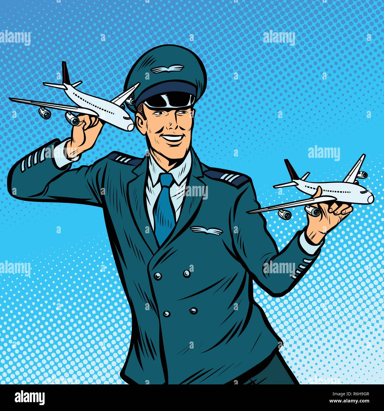 male airplane pilot. Model aircraft in hand. Pop art retro vector ...