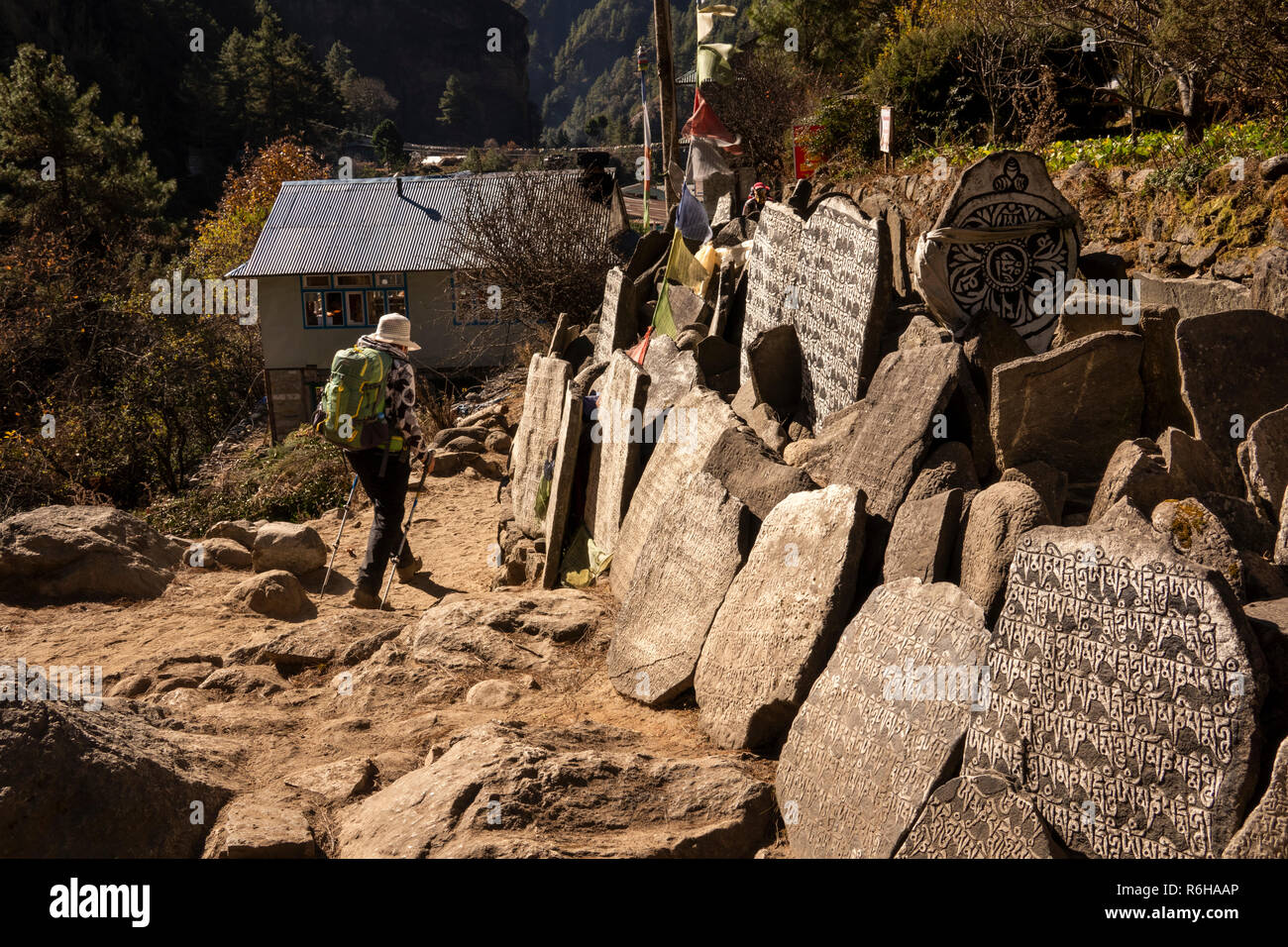 Nepal, Jorsale (Thumbug), walker passing Buddhist carved mani stone ...