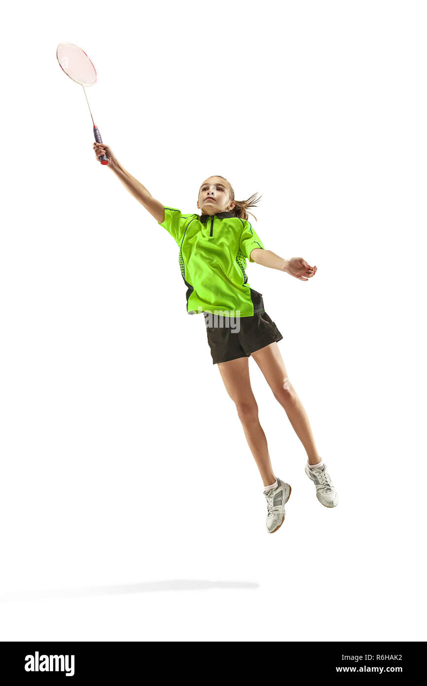 The one caucasian young teenager girl playing badminton at studio. The ...