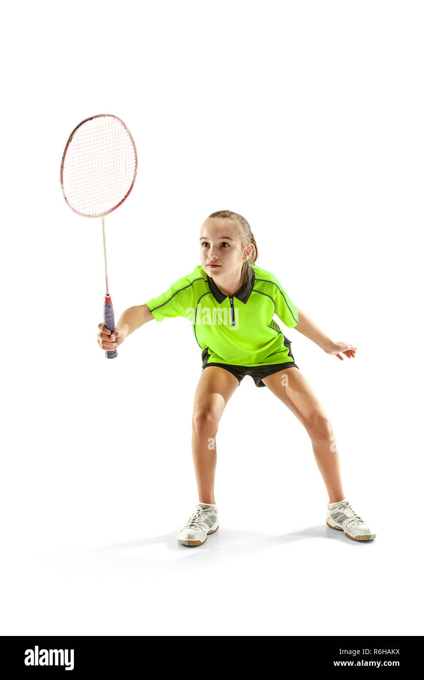 The one caucasian young teenager girl playing badminton at studio. The ...
