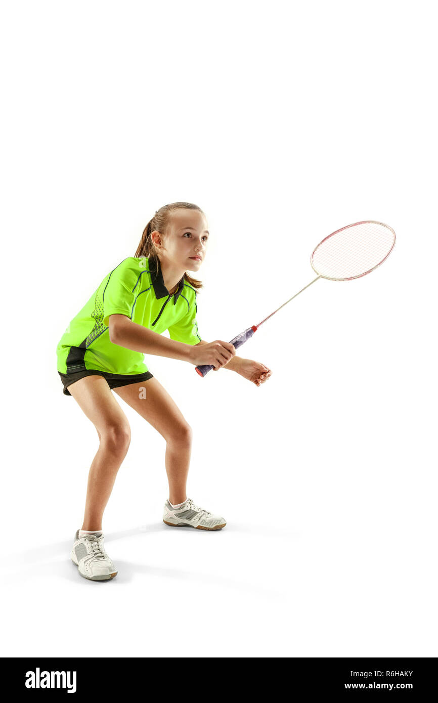 The one caucasian young teenager girl playing badminton at studio. The ...