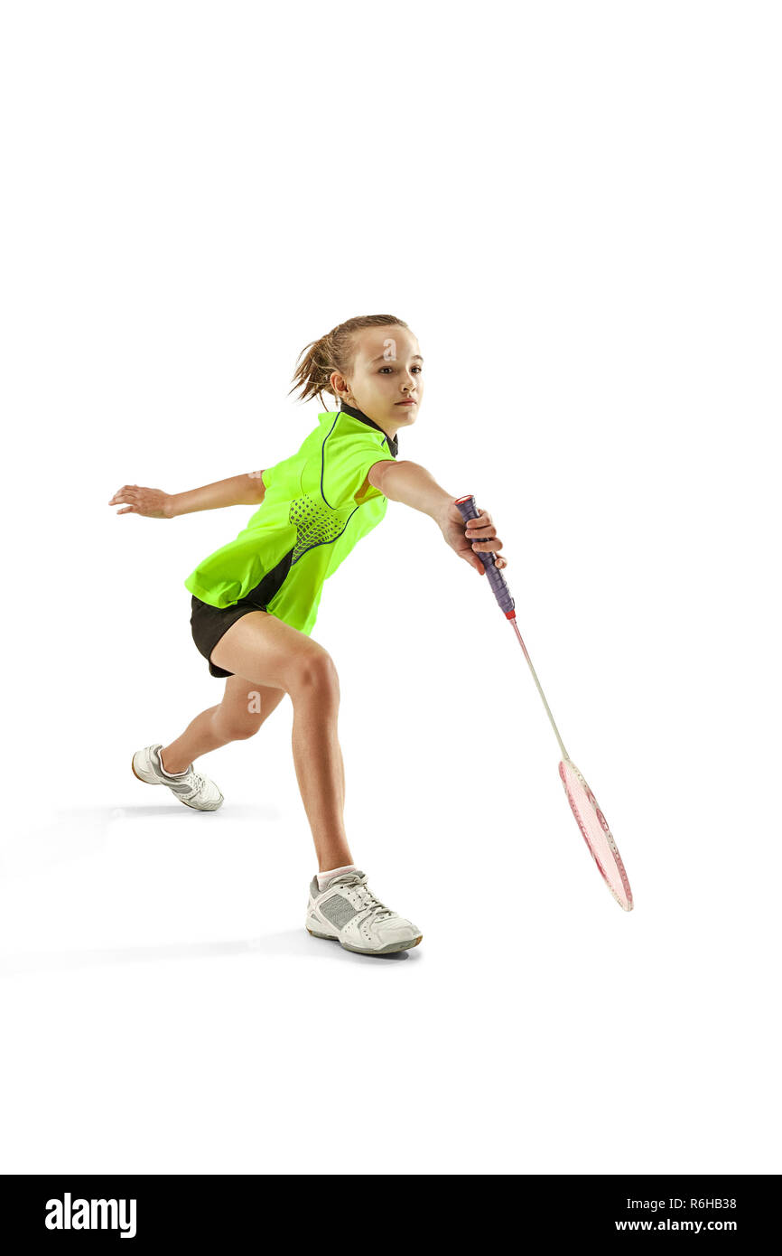 The one caucasian young teenager girl playing badminton at studio. The ...