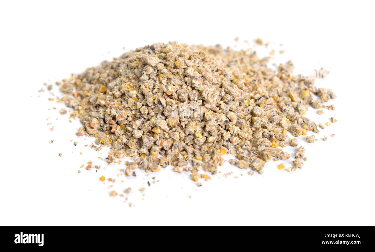 A pelleted ration designed for chicken. Isolated on white background ...