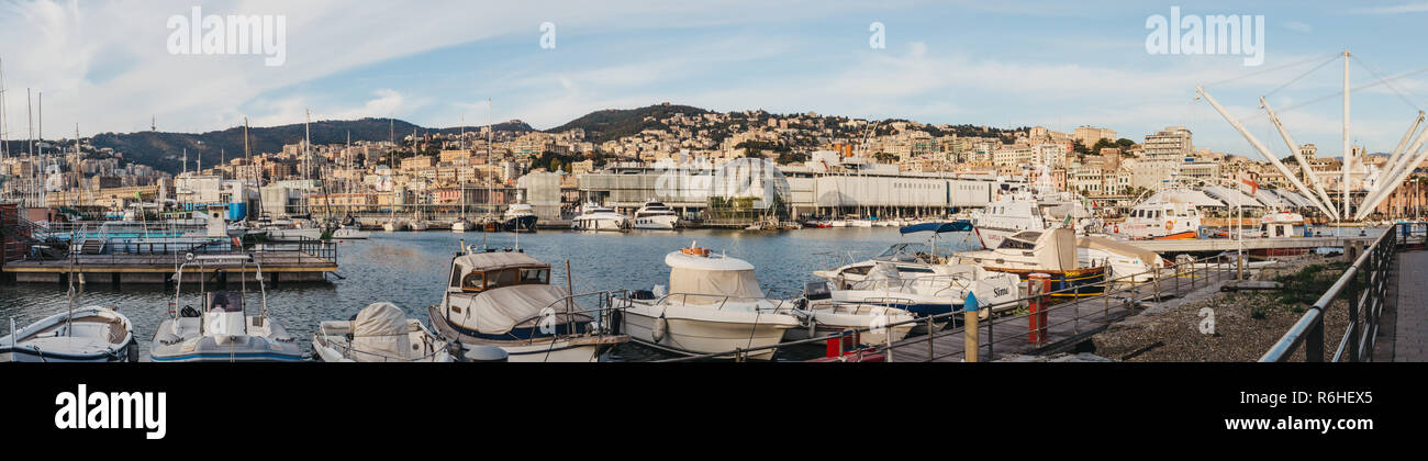 Genoa, Italy - October 30, 2016: Panoramic view of port in Genoa, one ...
