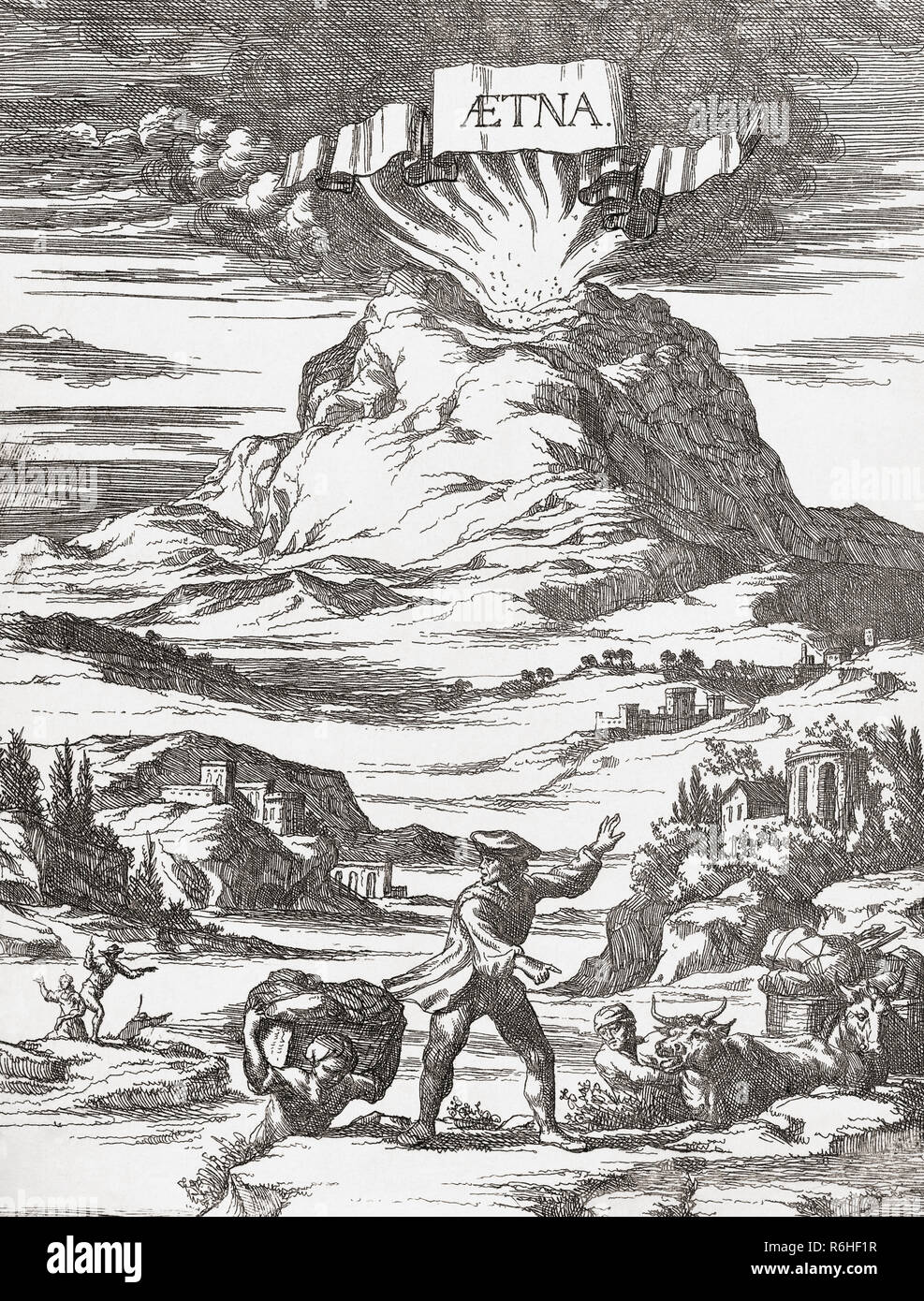 People fleeing an eruption of Mt. Etna volcano, Sicily, Italy. From a ...