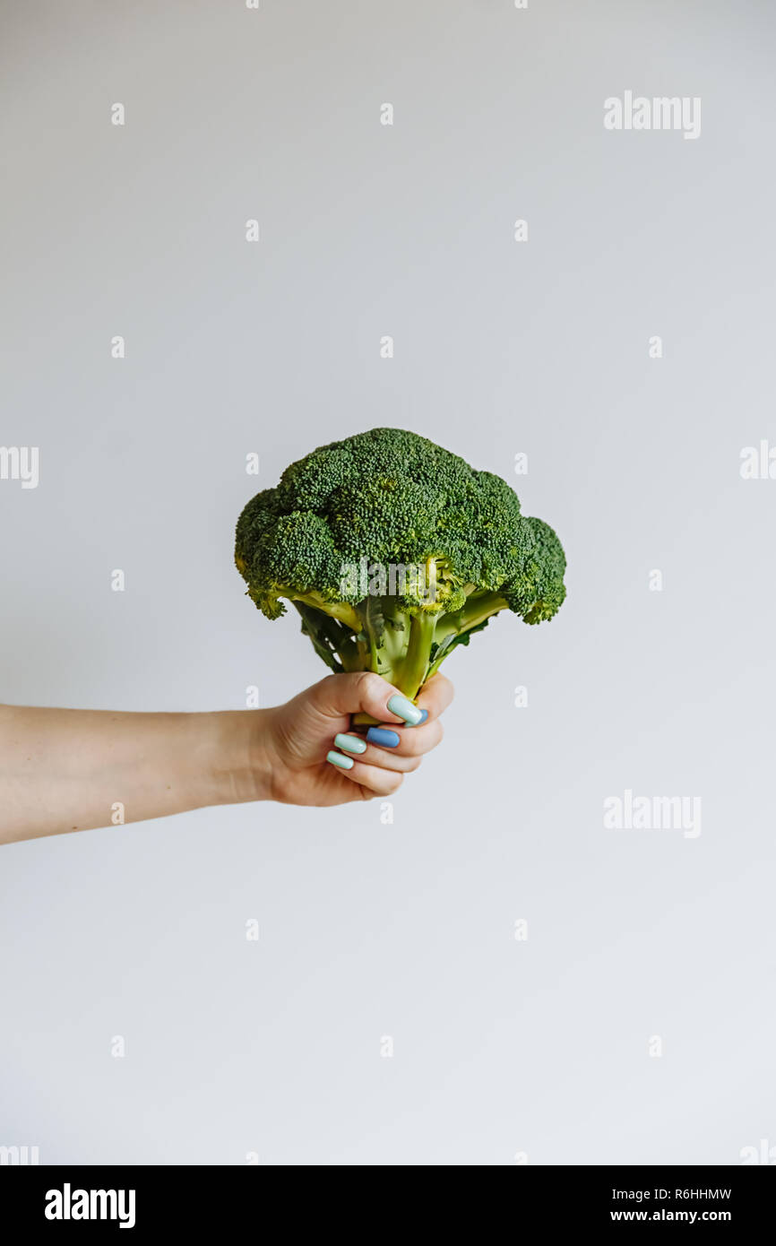 Woman Hand holding raw broccoli cabbage florets infront of white ...
