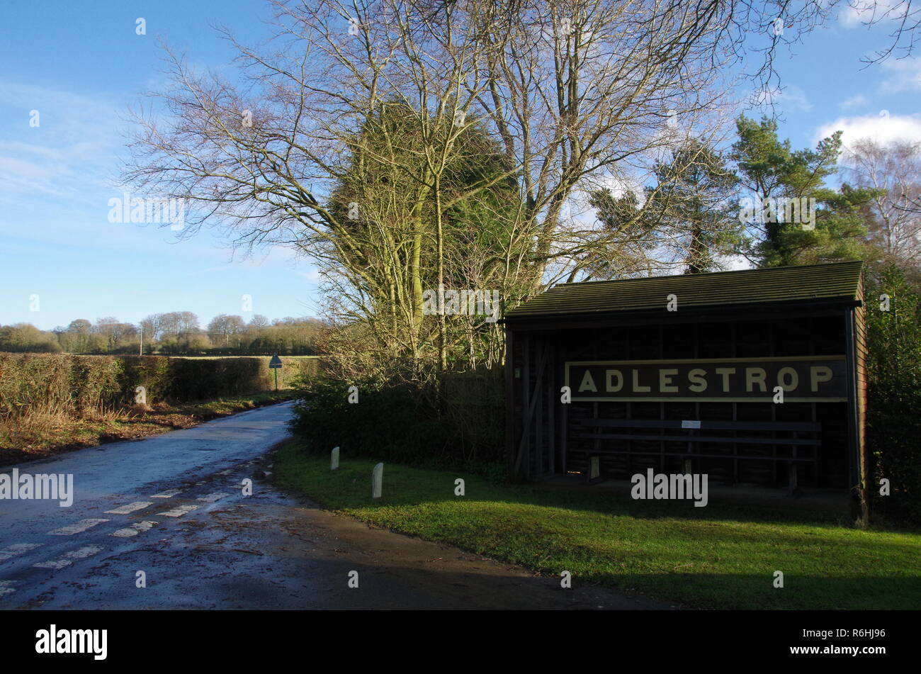 bus shelter with the train station sign. Adlestrop. The Macmillan Way ...
