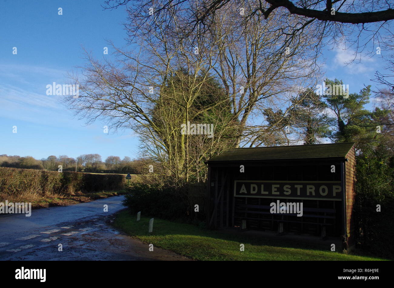 bus shelter with the train station sign. Adlestrop. The Macmillan Way ...