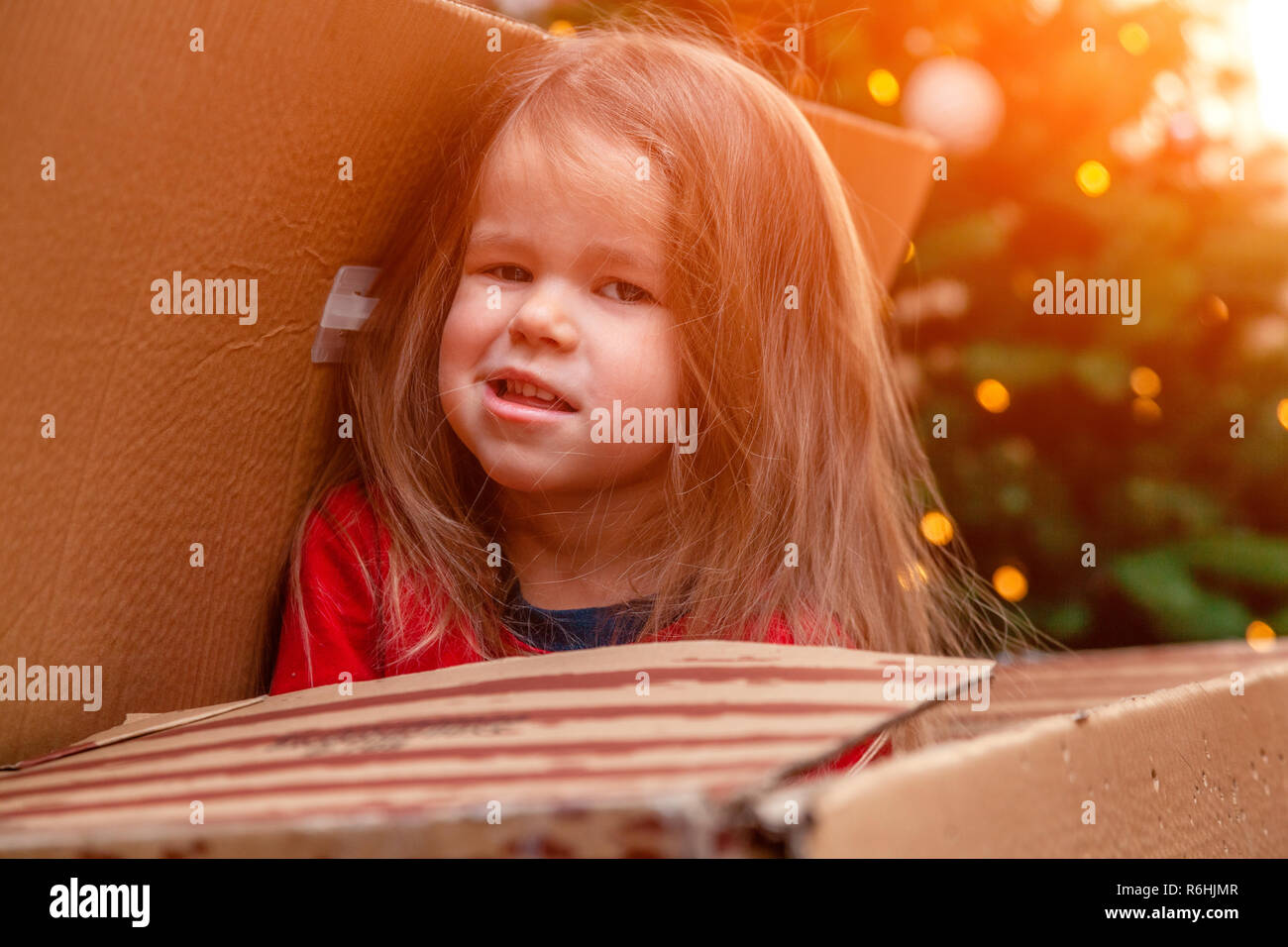 Cheerful mischievous girl posing in a box from under the Christmas tree ...