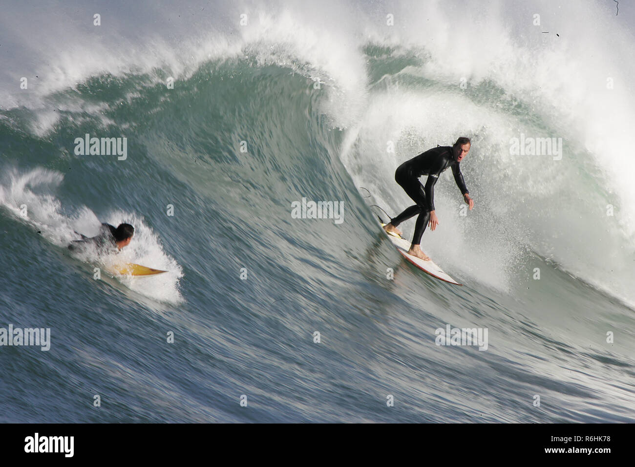 Big wave surfing at Newquay`s Cribbar point at Fistral Bay, Cornwall ...