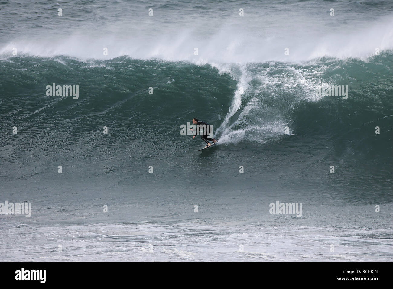 Big wave surfing at Newquay`s Cribbar point at Fistral Bay, Cornwall ...