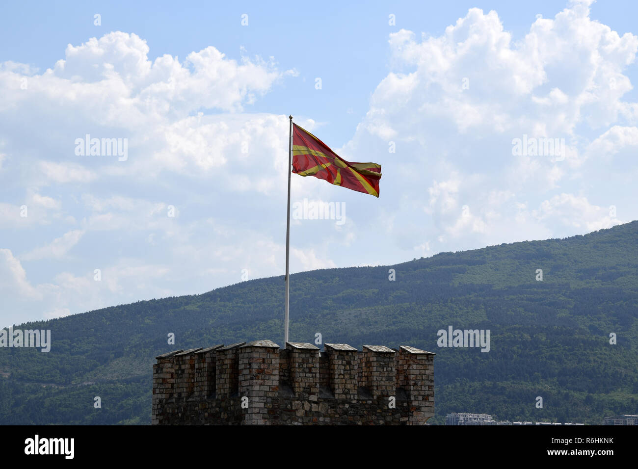 Macedonian national flag in Skopje Fortress. Macedonia Stock Photo - Alamy