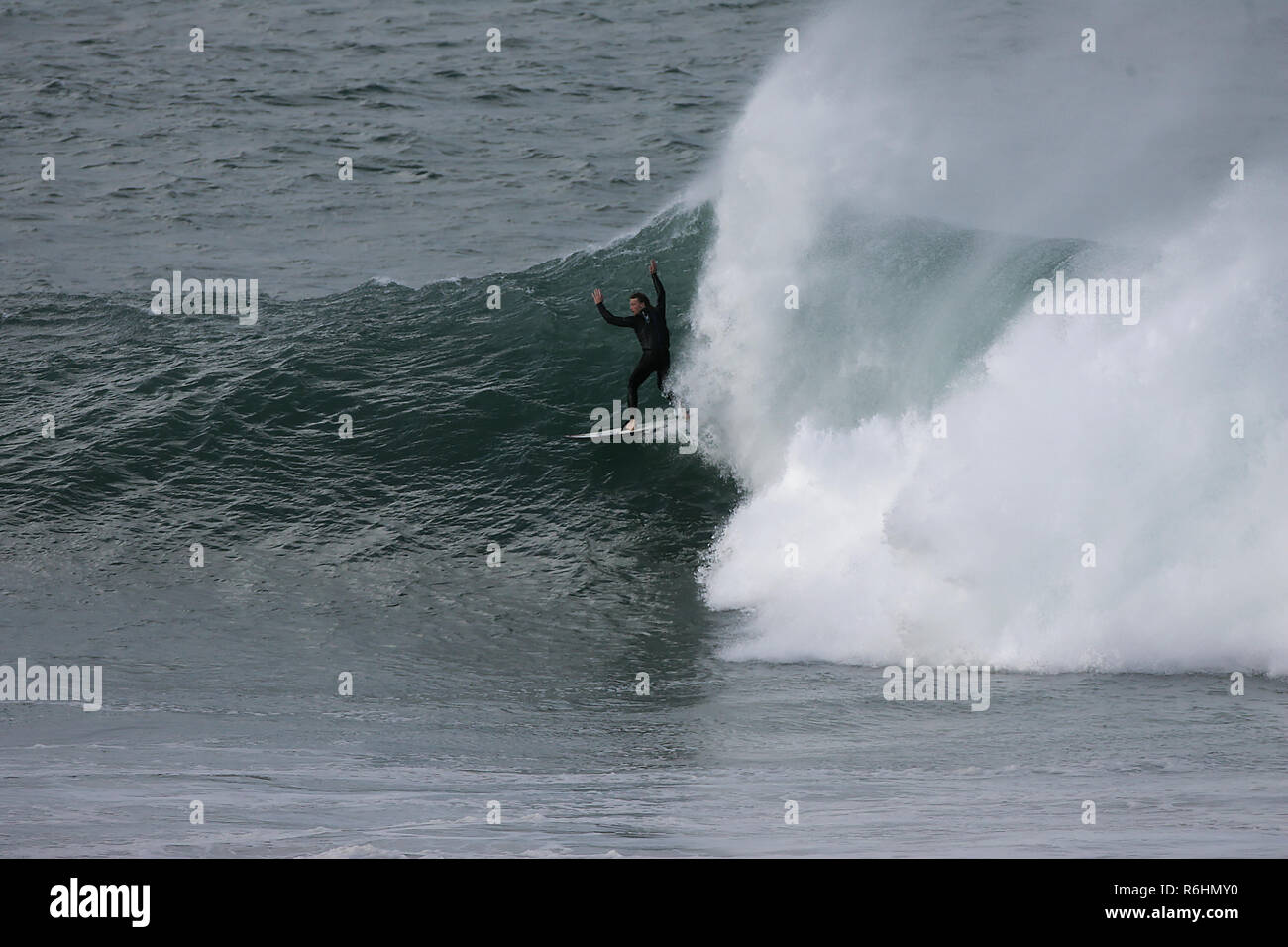 Big wave surfing at Newquay`s Cribbar point at Fistral Bay, Cornwall ...
