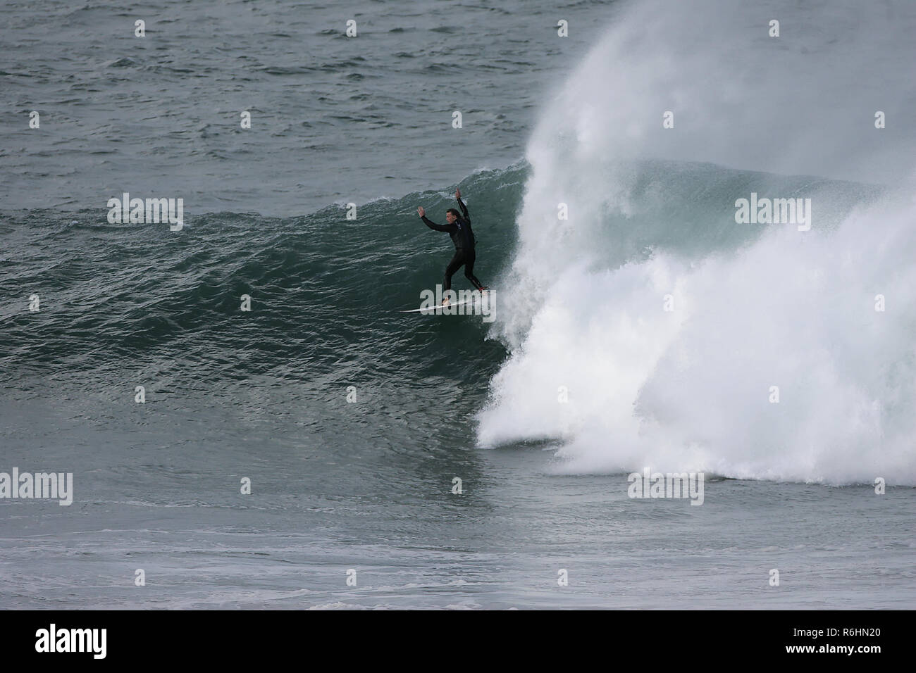 Big wave surfing at Newquay`s Cribbar point at Fistral Bay, Cornwall ...