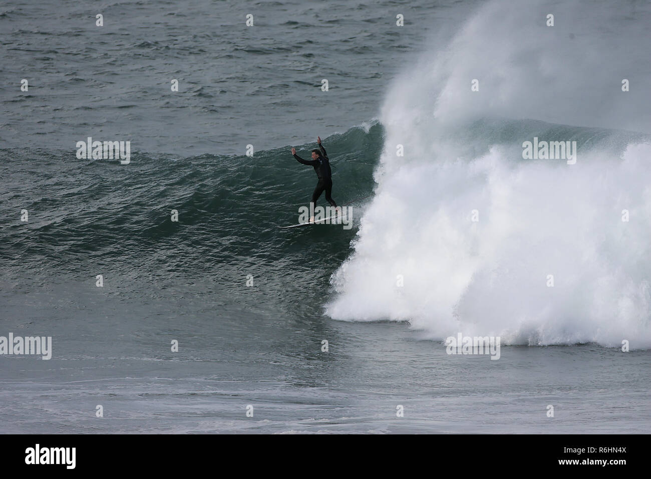 Big wave surfing at Newquay`s Cribbar point at Fistral Bay, Cornwall ...