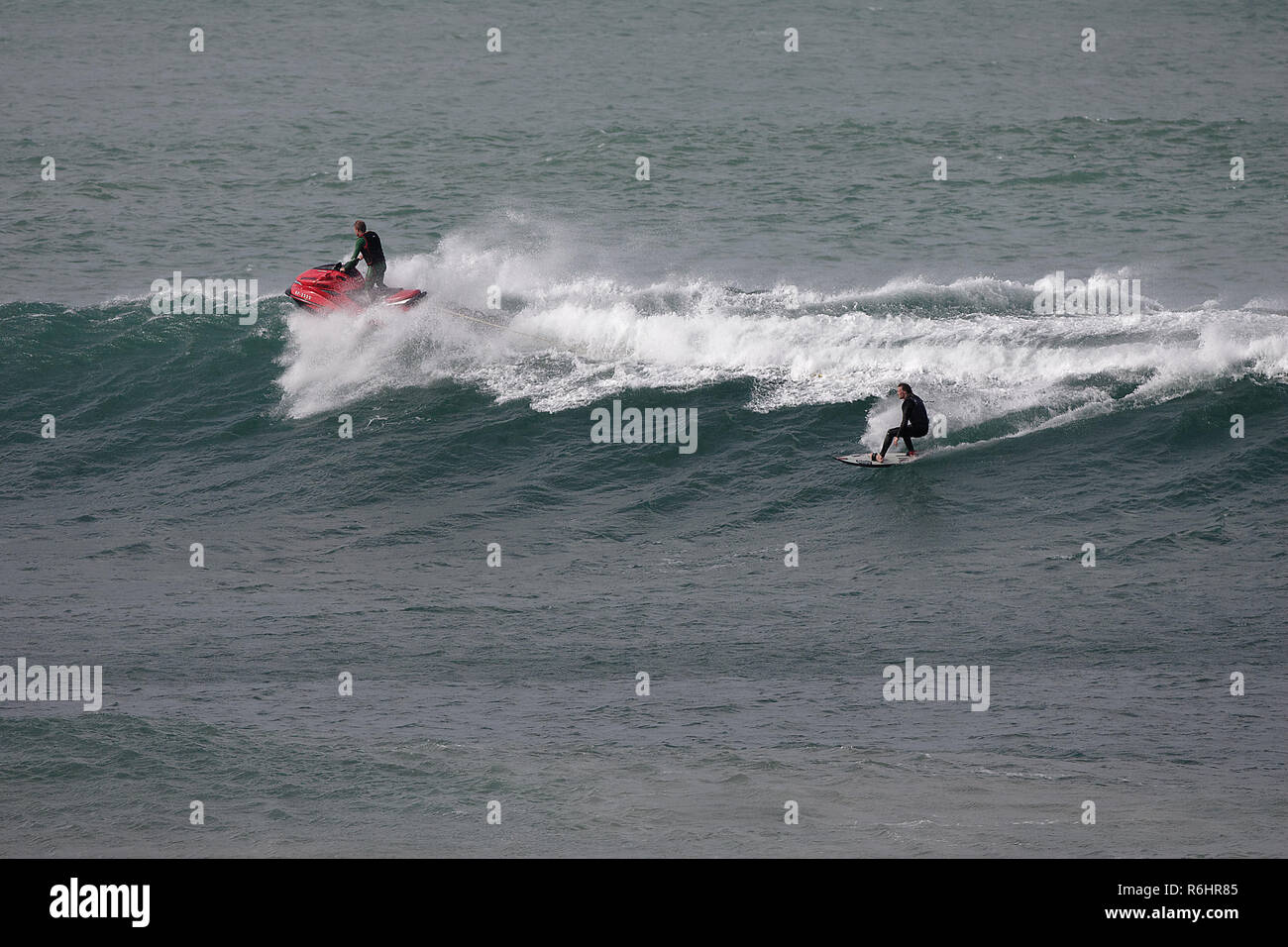Big wave surfing at Newquay`s Cribbar point at Fistral Bay, Cornwall ...