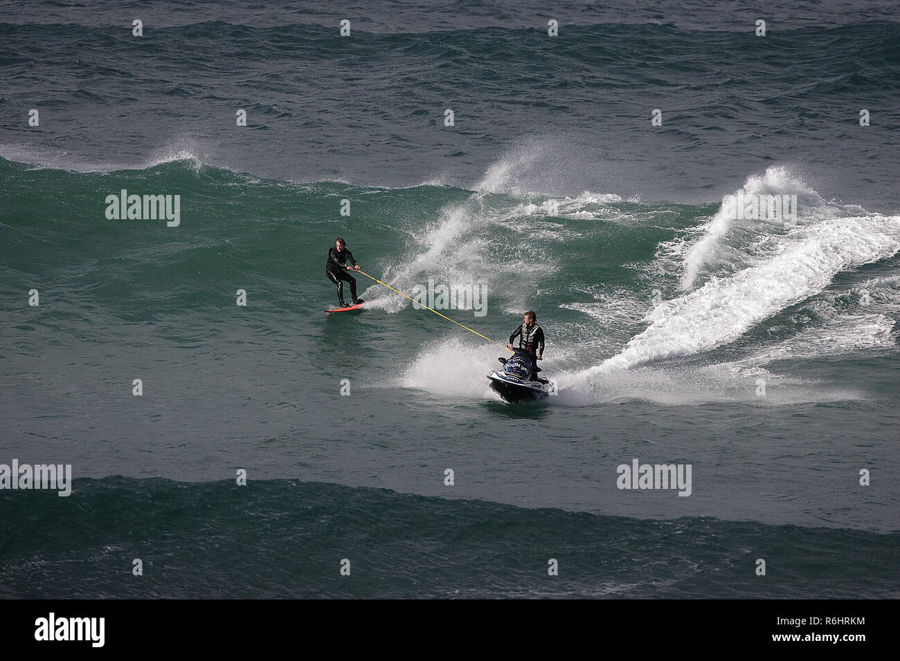 Big wave surfing at Newquay`s Cribbar point at Fistral Bay, Cornwall ...