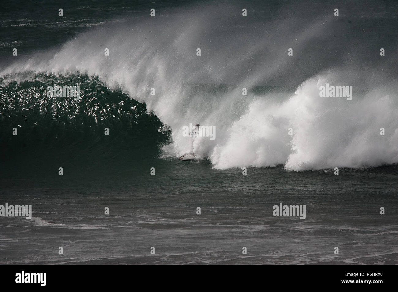 Big wave surfing at Newquay`s Cribbar point at Fistral Bay, Cornwall ...