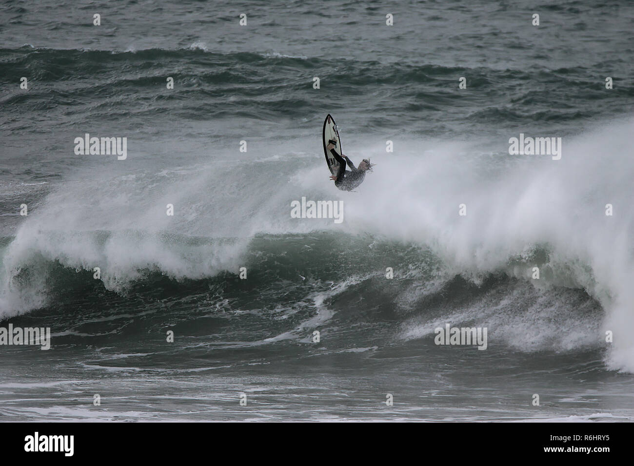 Big wave surfing at Newquay`s Cribbar point at Fistral Bay, Cornwall ...