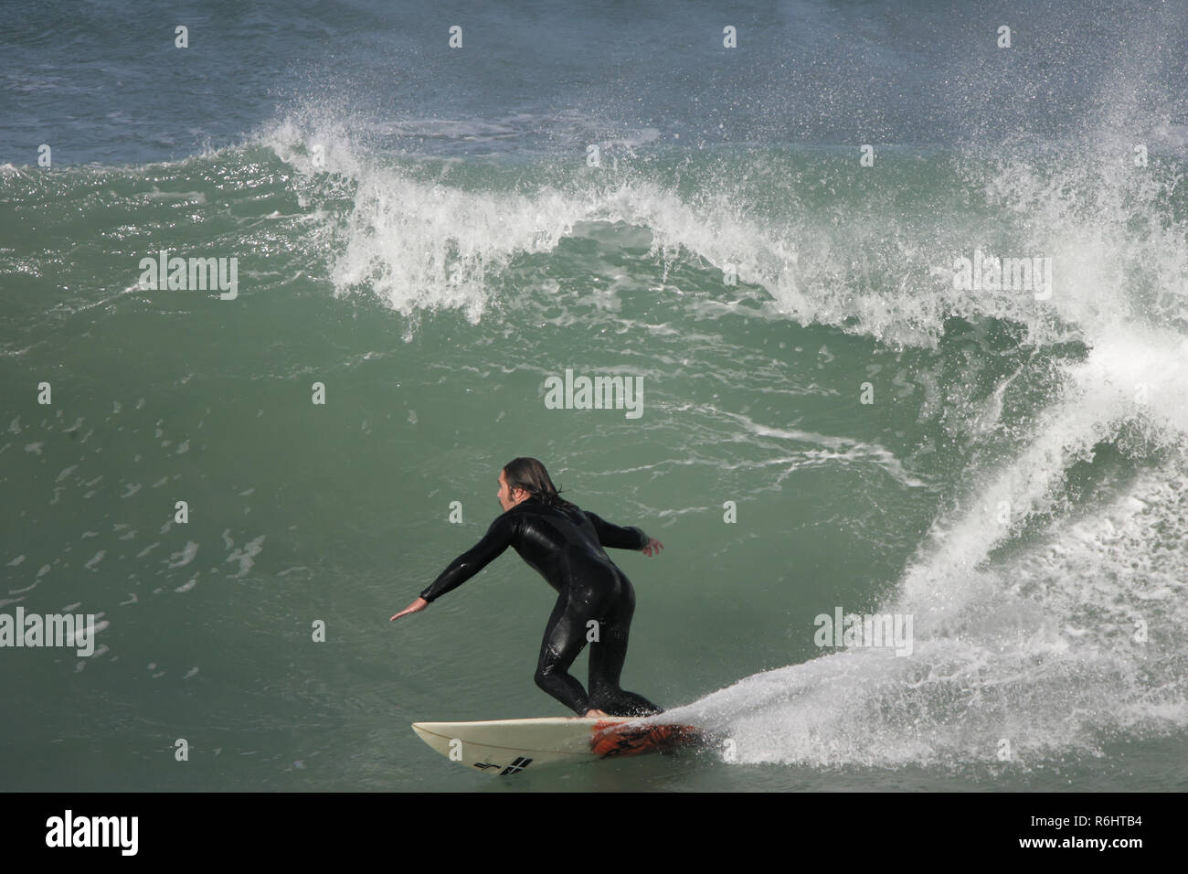 Big wave surfing at Newquay`s Cribbar point at Fistral Bay, Cornwall ...