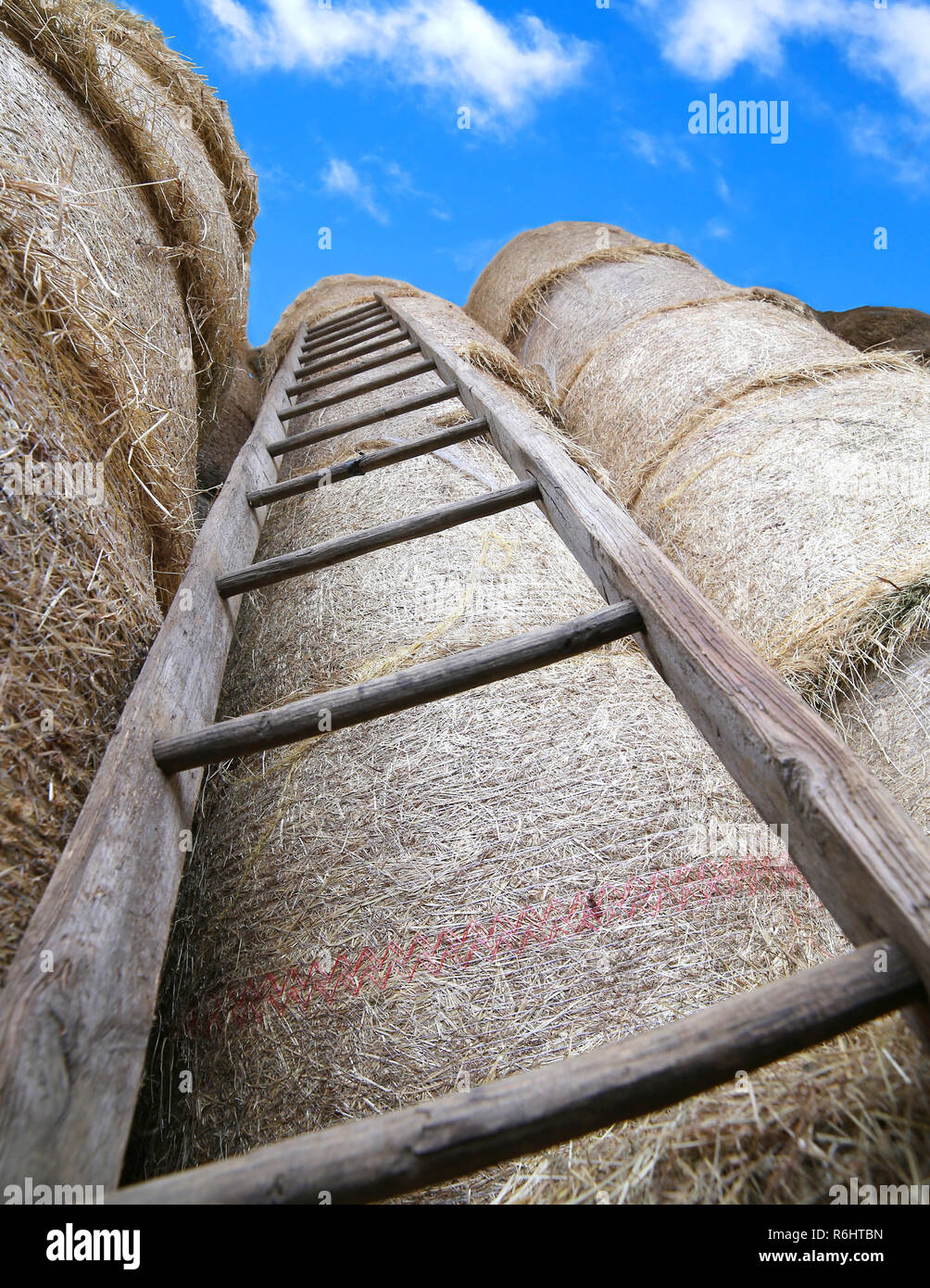 wood ladder in the barn with bales of hay and sky Stock Photo - Alamy
