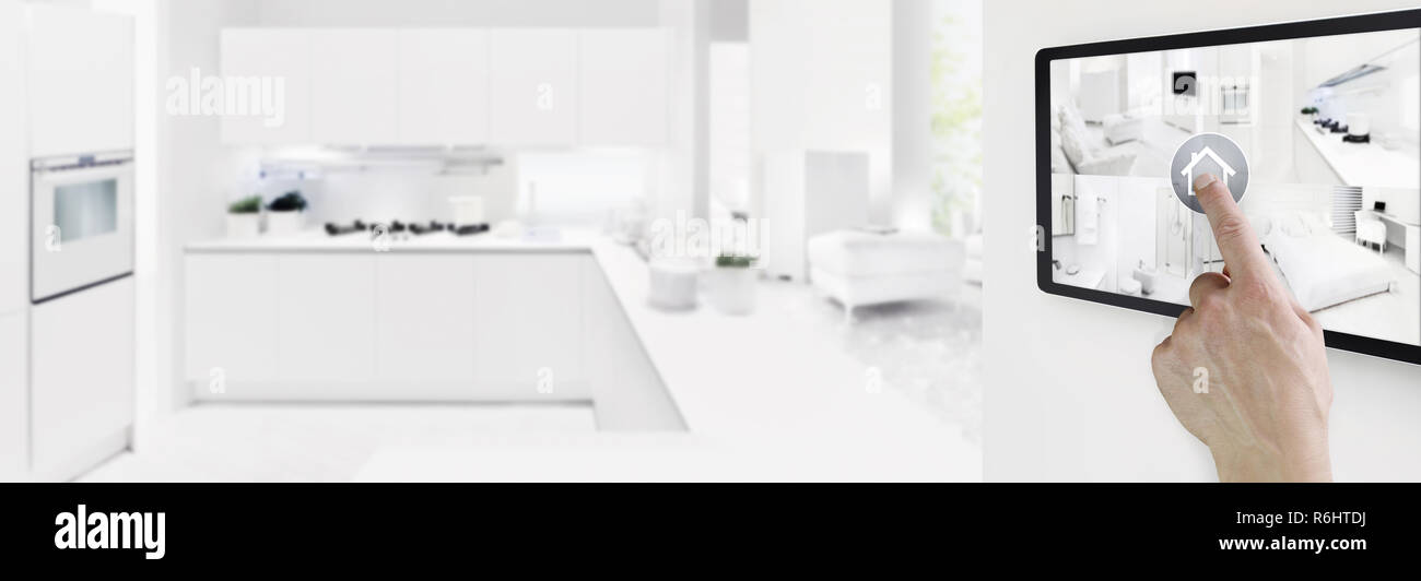 smart home control concept hand touch digital tablet screen with ...