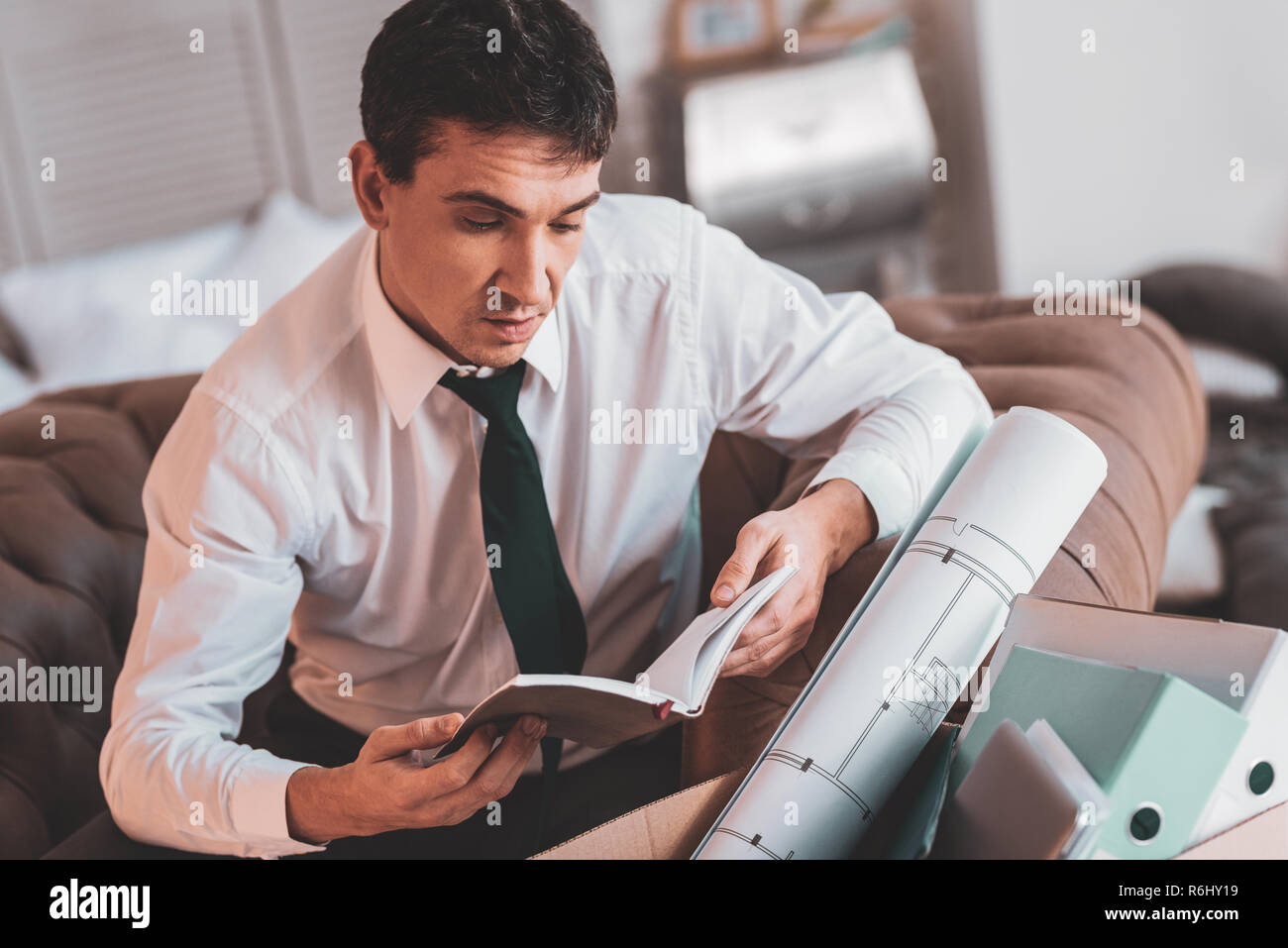 Calm architect sitting with a box and reading old notes Stock Photo - Alamy