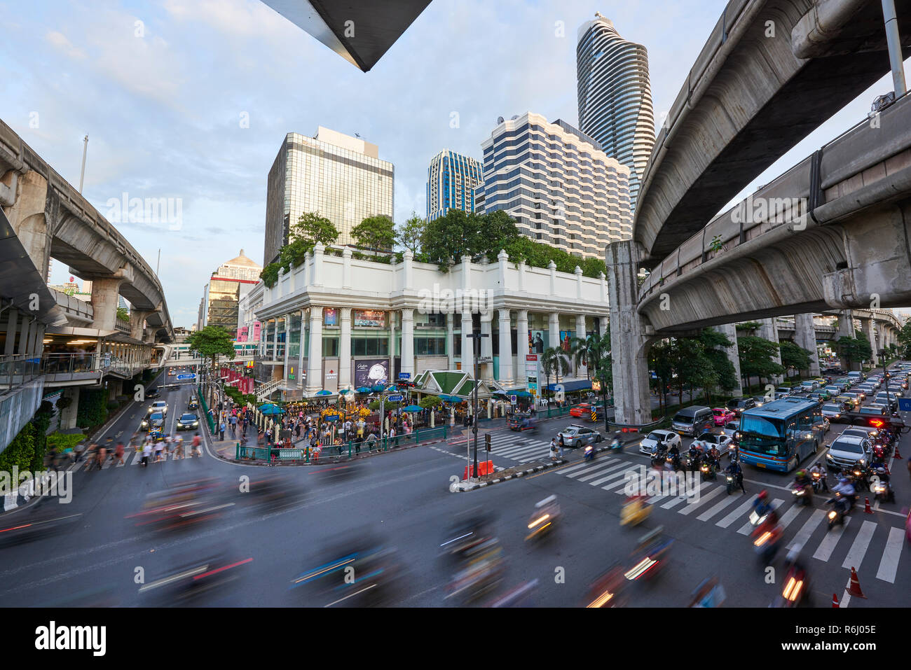 High angle shot of Ratchaprasong Intersection and Erawan Shrine in ...