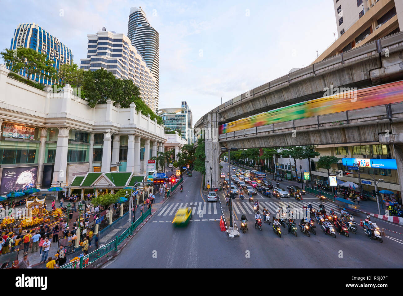 High angle shot of Ratchaprasong Intersection and Erawan Shrine in ...
