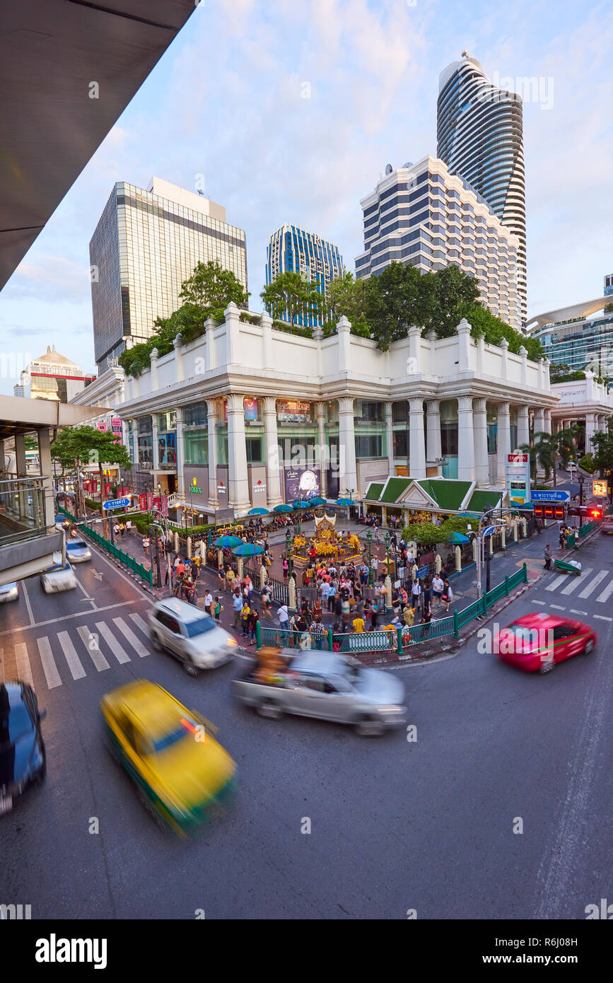 High angle shot of Ratchaprasong Intersection and Erawan Shrine in ...