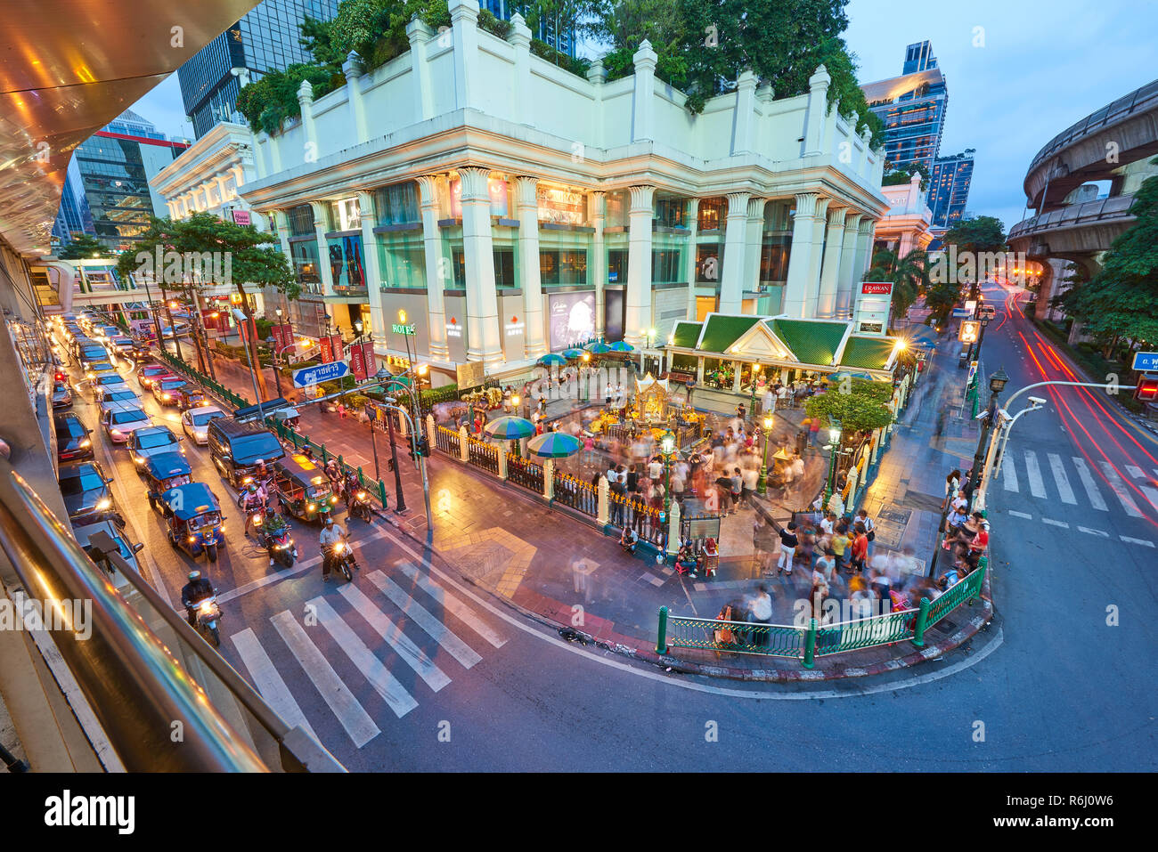 Creative high angle night shot of Ratchaprasong Intersection and Erawan ...