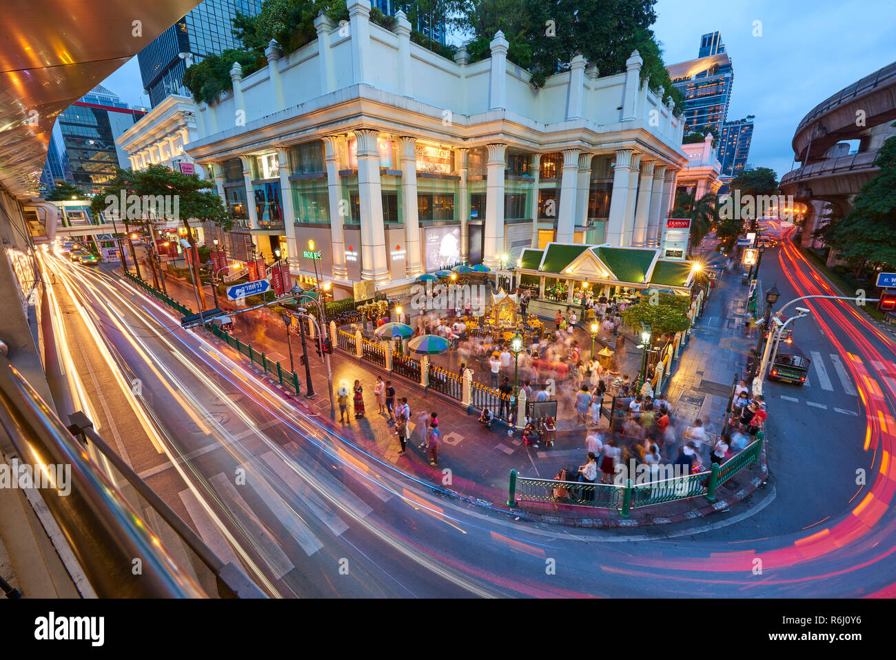 Creative high angle night shot of Ratchaprasong Intersection and Erawan ...