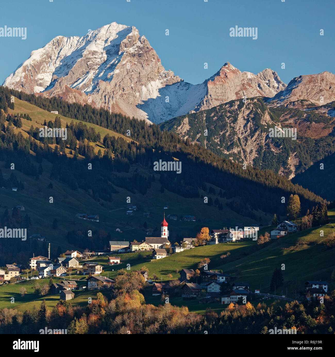 Sunset views of Raggal with snowy peak of Rote Wand (Red Wall ...
