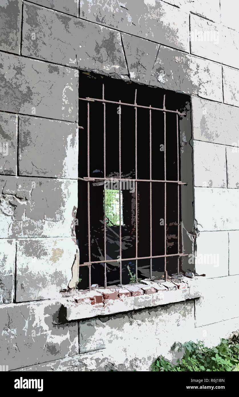 The wall Prison with a barred window Stock Photo - Alamy