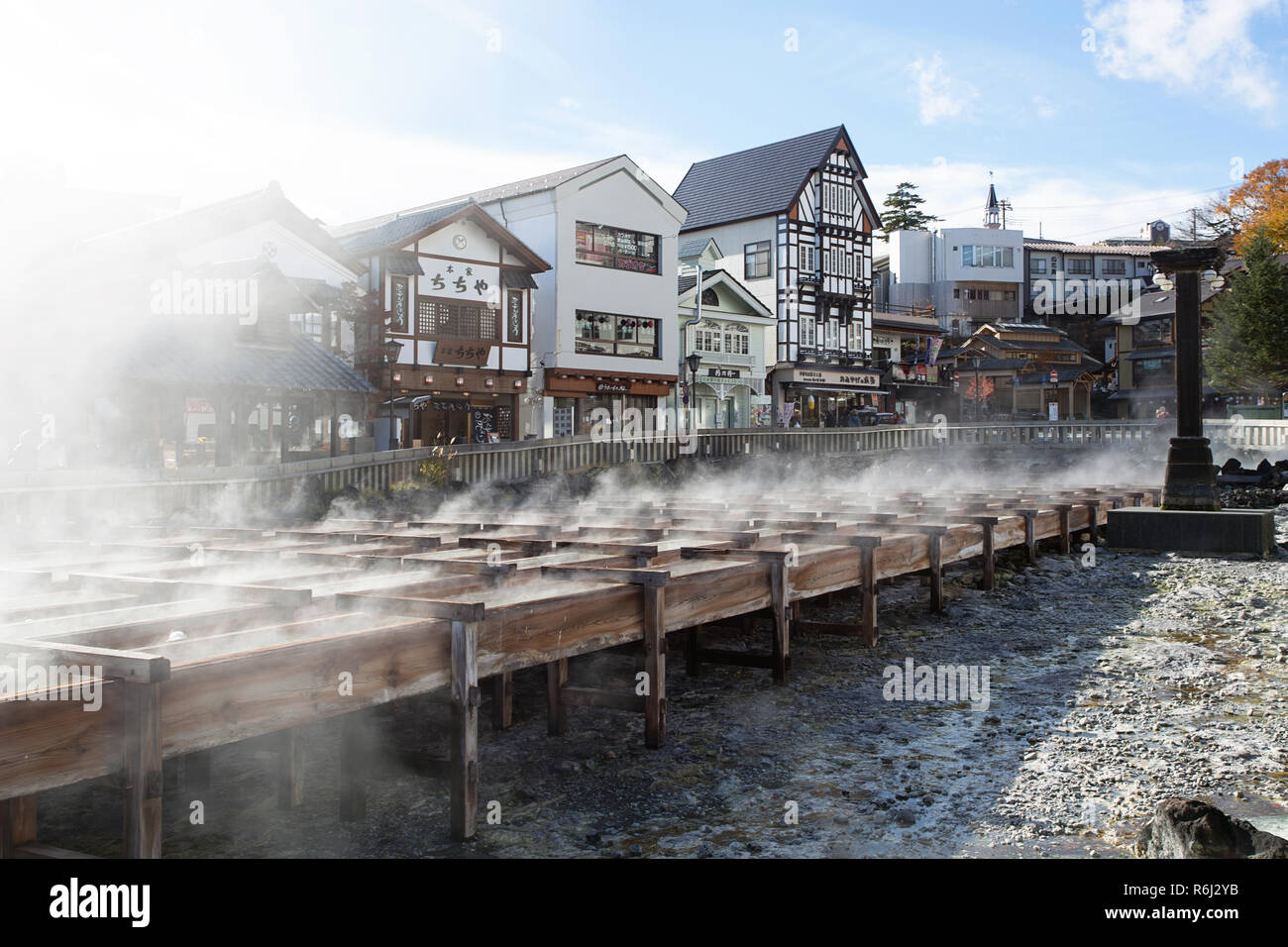 Hot steam rises from the Yubatake - Field of Hot Water, spring in the ...