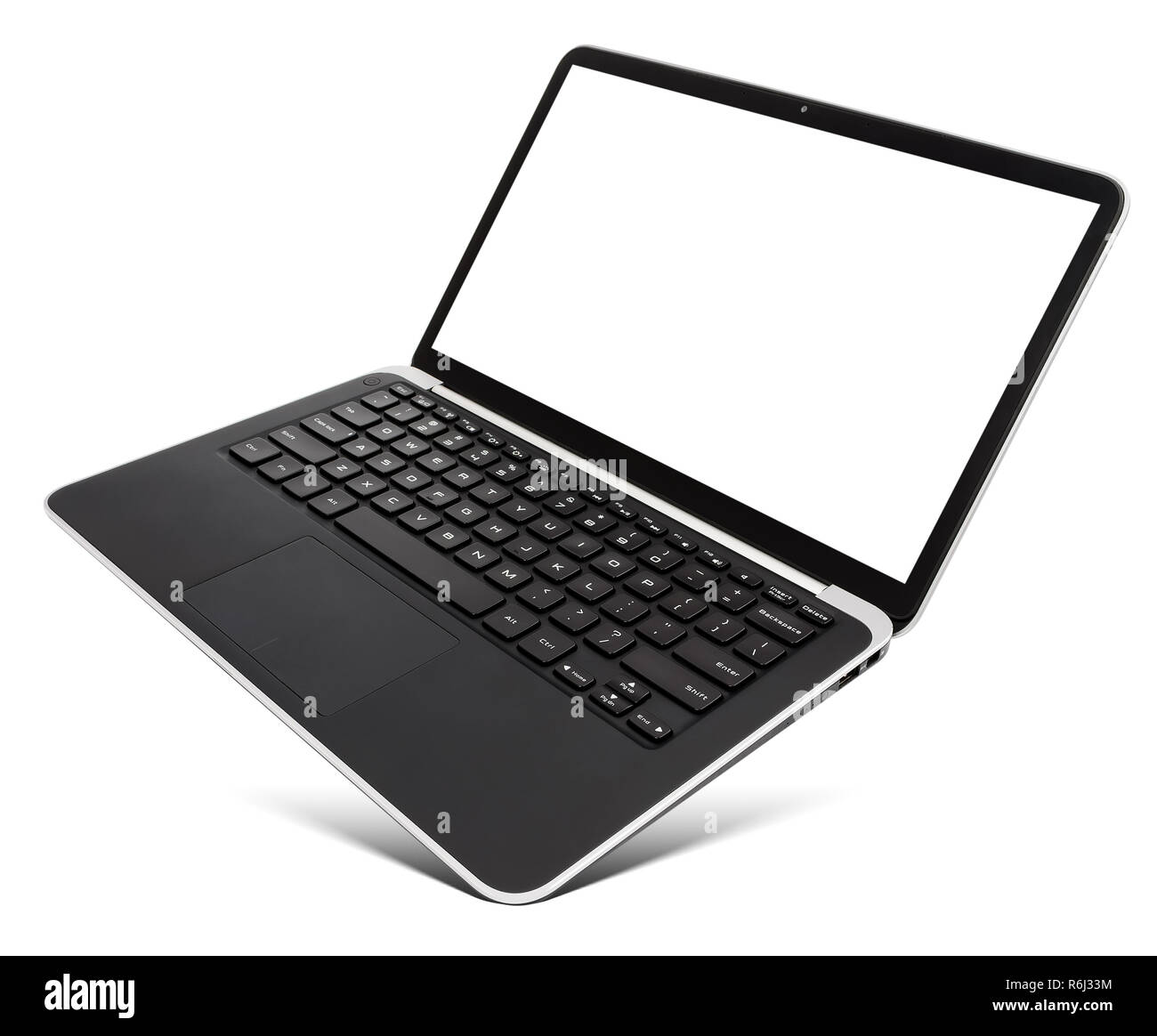 Hovering aluminium laptop with blank screen, isolated on a white ...