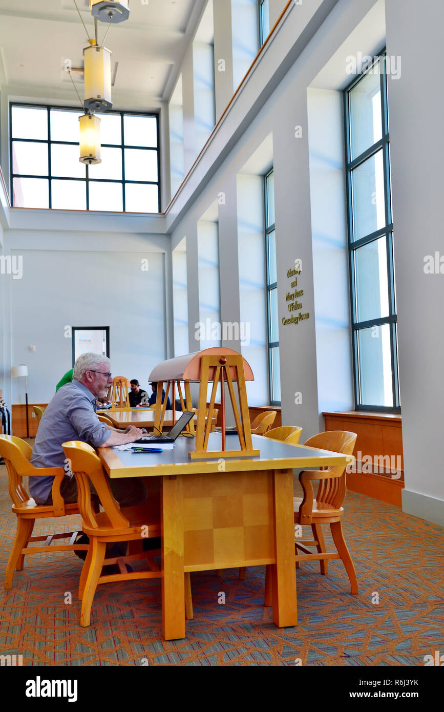 Inside Genealogy Room reading room with study desks of Denver public ...