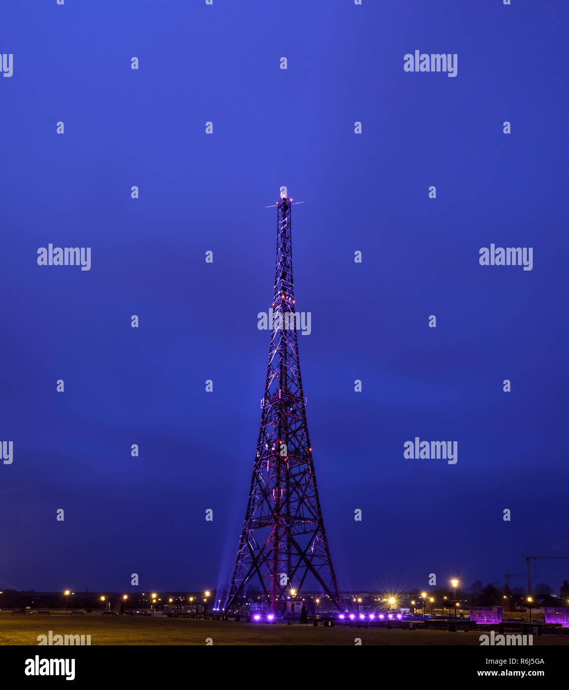 Historic radiostation tower in Gliwice, Poland in the night (the ...