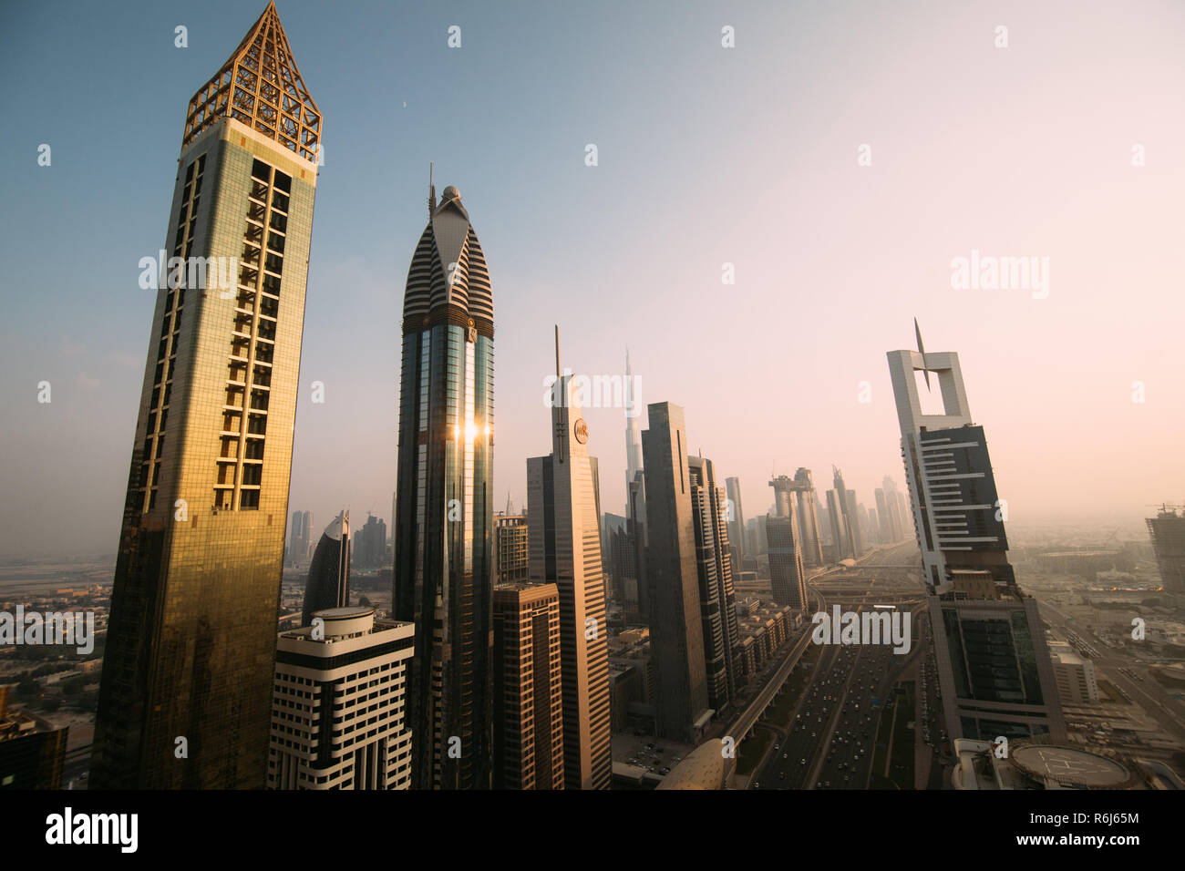 Dubai, UAE - October, 2018. Dubai skyline and downtown skyscrapers on ...