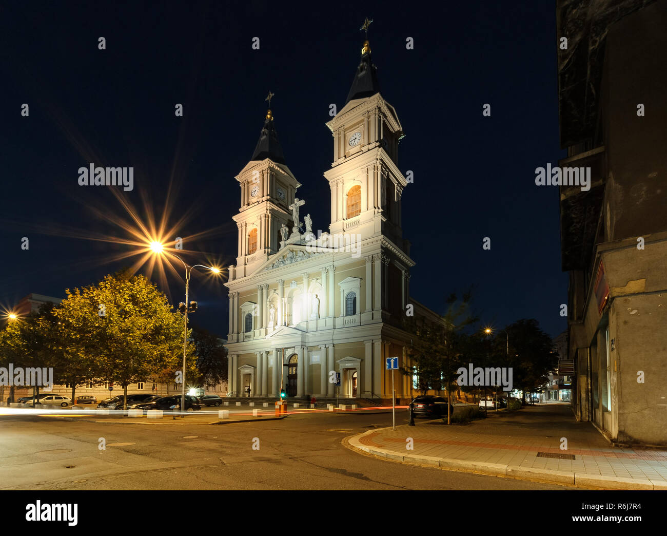 The church in the center of Ostrava, Czech republic. Evening foto Stock ...