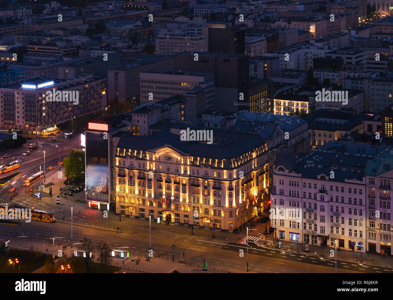 Beautiful buildings in Warsaw, Poland. Night air view Stock Photo - Alamy